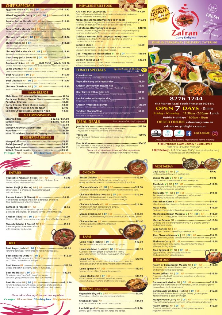 Our Menu - Zafran Curry